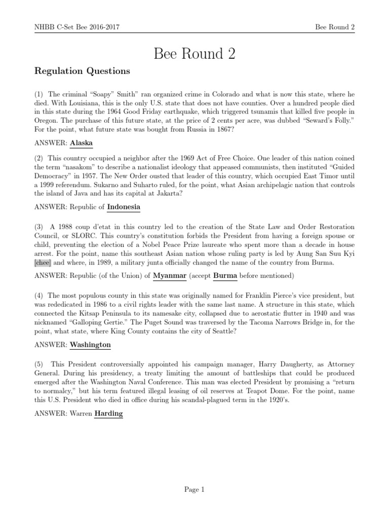 NHBB C-Set Bee 2016-2017 Round 2 Questions | PDF