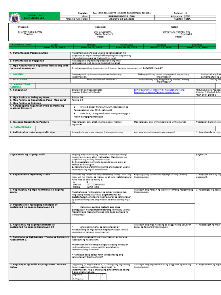 DLL Esp-6 Q1 W10-2025-2026 | PDF