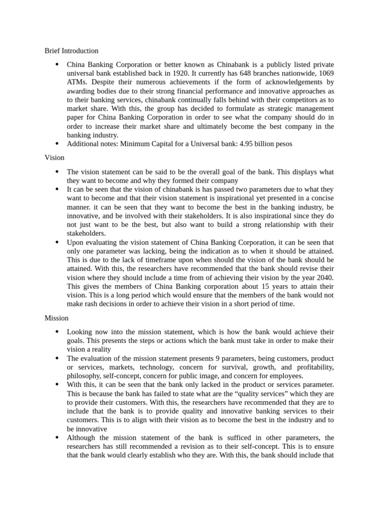 Strategic Management Notes On Chinabank | PDF | Banks | Marketing
