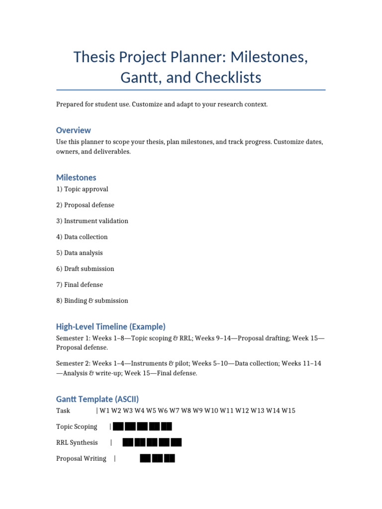 Thesis Project Planner with Gantt Chart | PDF