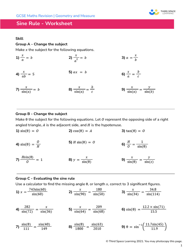 Sine Rule Worksheet for GCSE Maths | PDF | Trigonometry | Euclidean ...