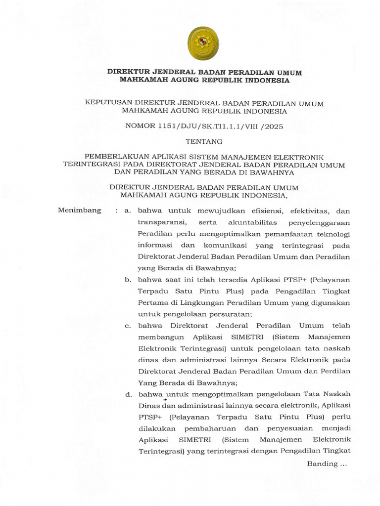 SK Dirjen Badilum No. 1151 Tahun 2025 (Simetri) | PDF