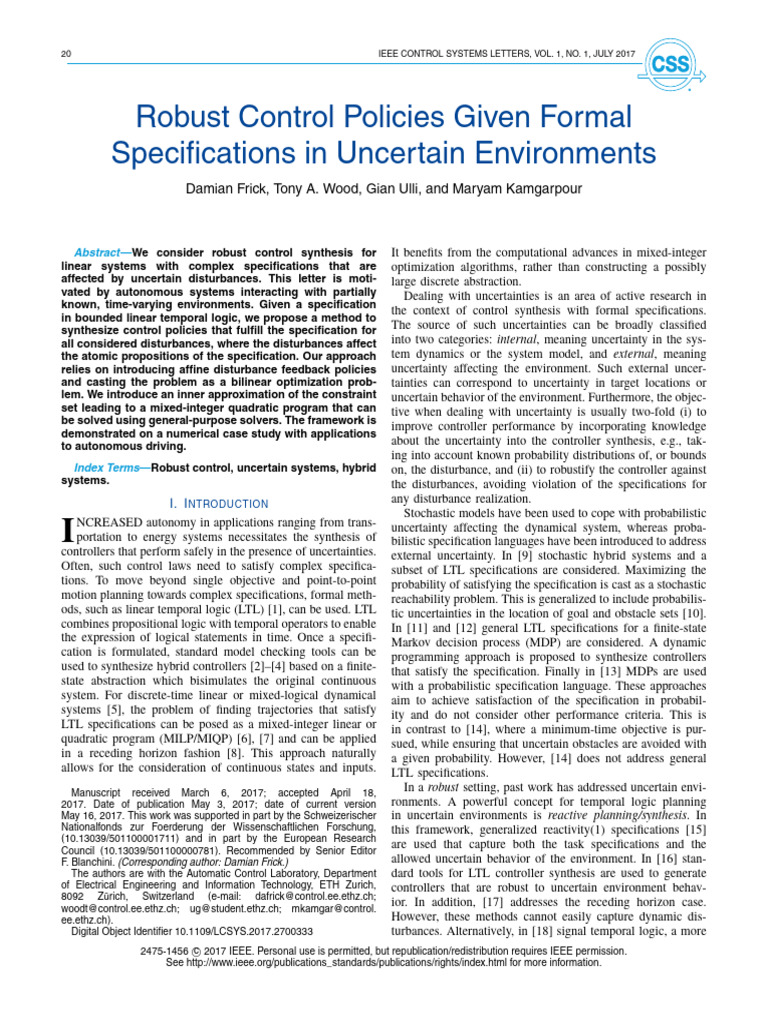 Robust Control Policies Given Formal Specifications in Uncertain ...