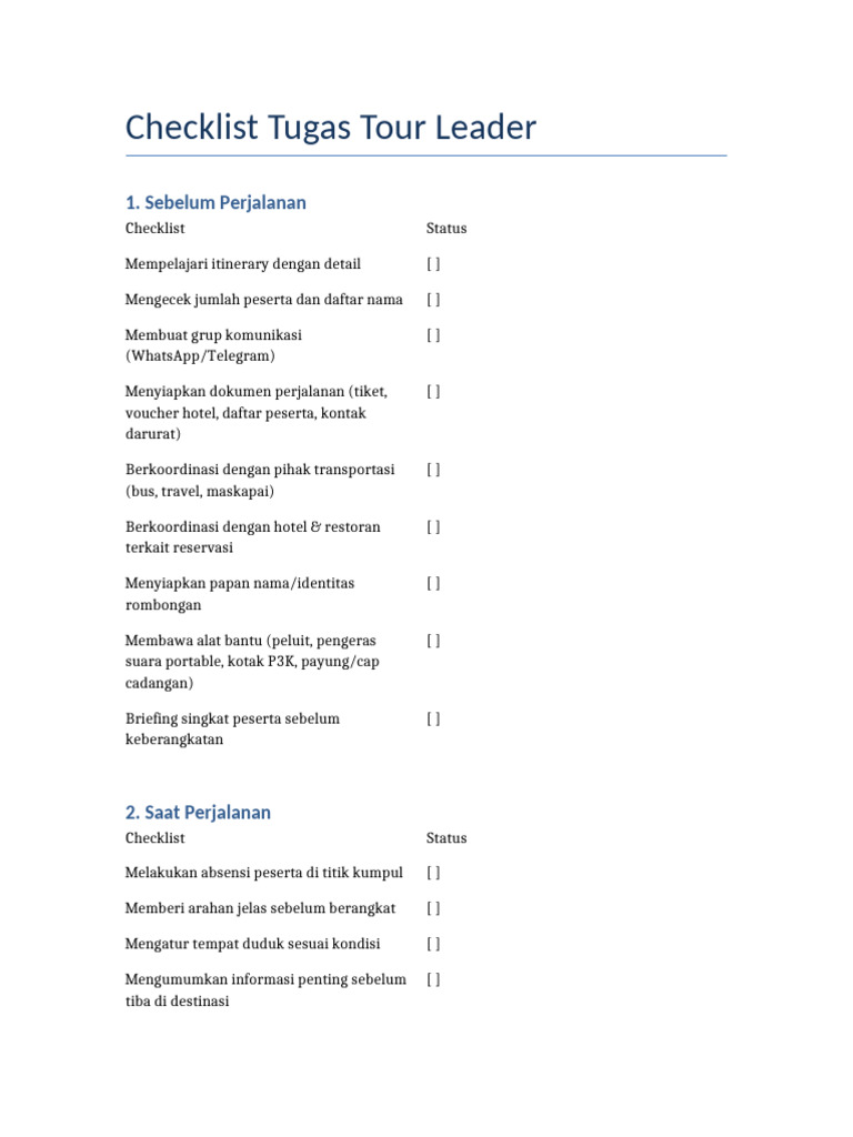 Checklist Tugas Tour Leader Lengkap | PDF