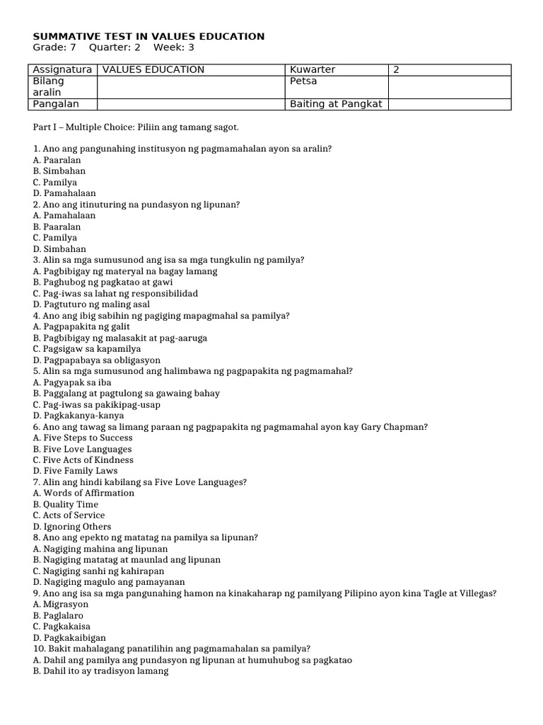 Summ - Test Values Education 7 Q2 W3 | PDF
