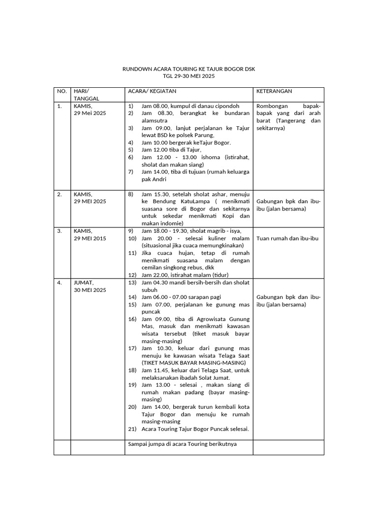 Rundown Acara Touring Ke Tajur Bogor DSK | PDF