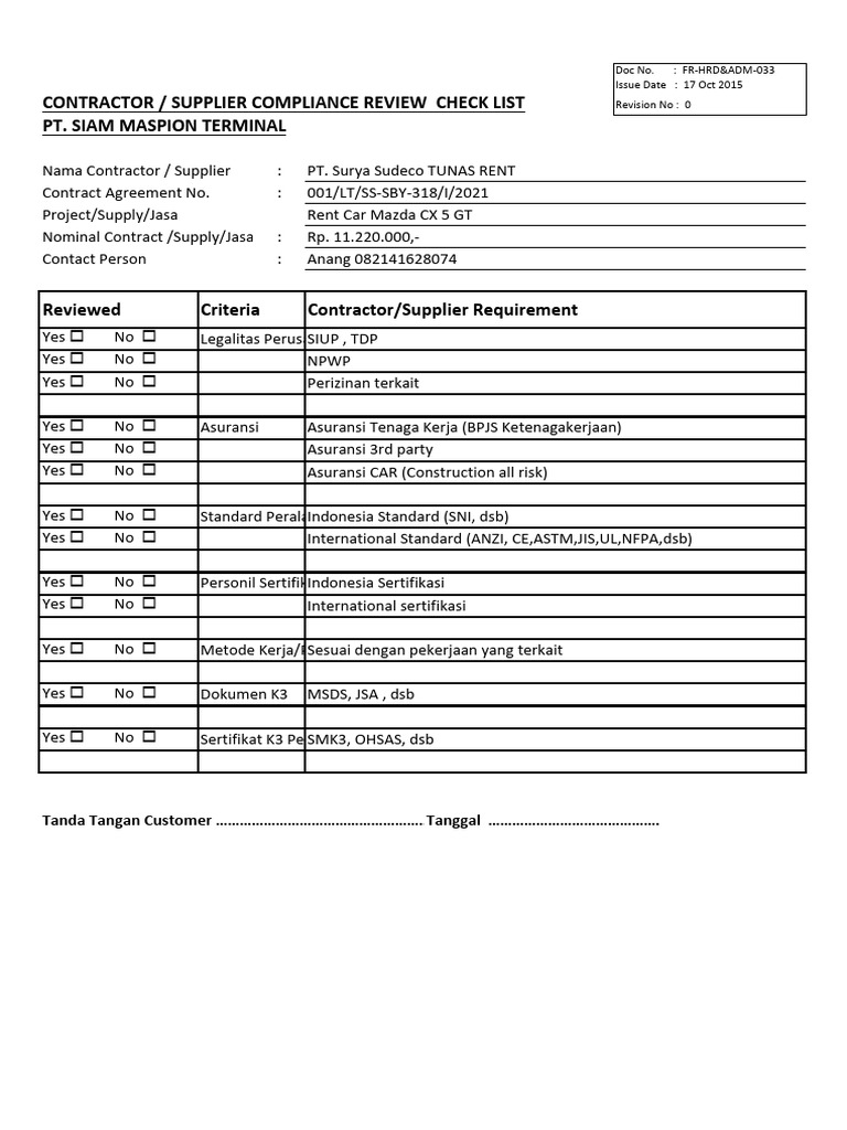 FR Hrd&Admin 033 Form Supplier Rev Checklist | PDF