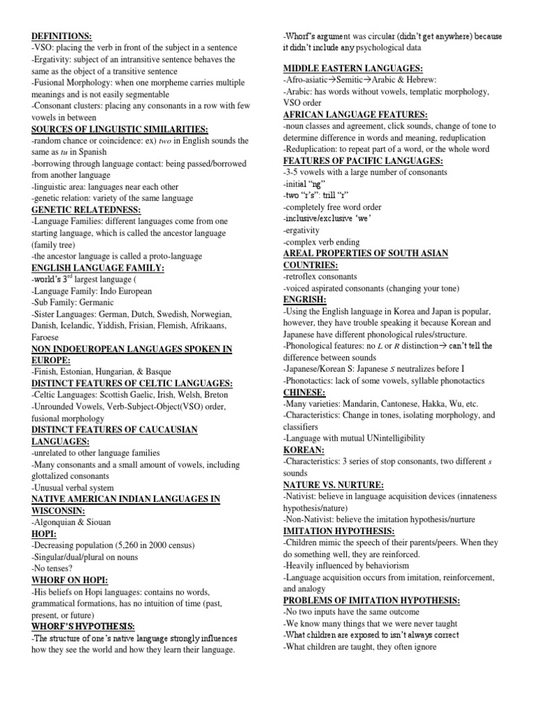 Cheat Sheet 2 | PDF | Language Acquisition | Aphasia