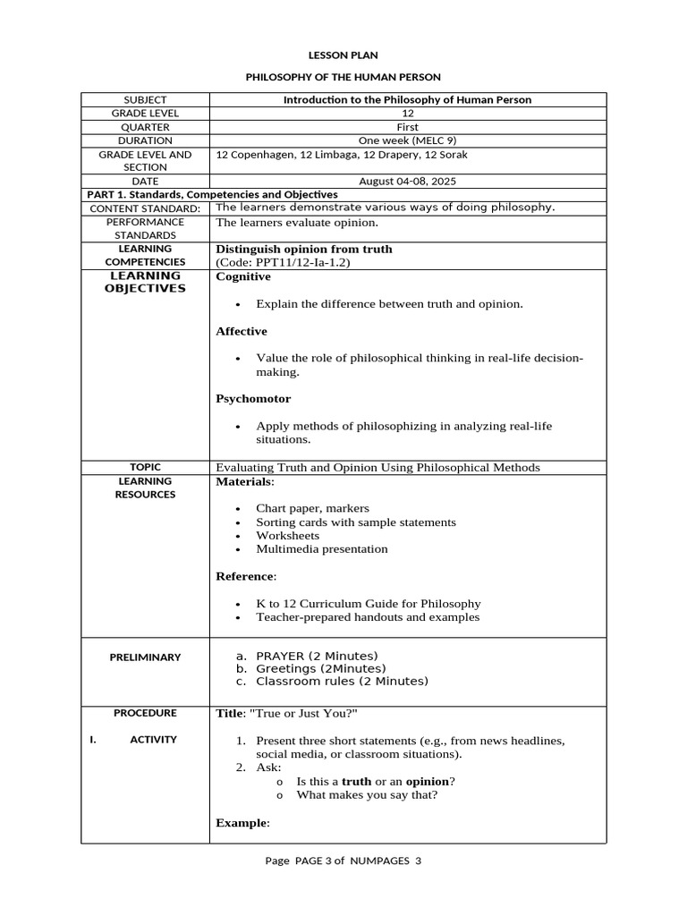 Philo Lesson Plan - Melc 9 2025.docx Gerald | PDF | Truth | Argument