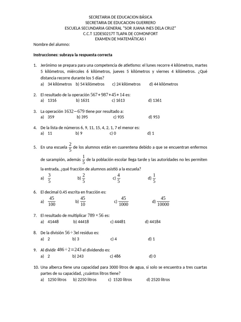 Examen de Matemáticas para Secundaria | PDF