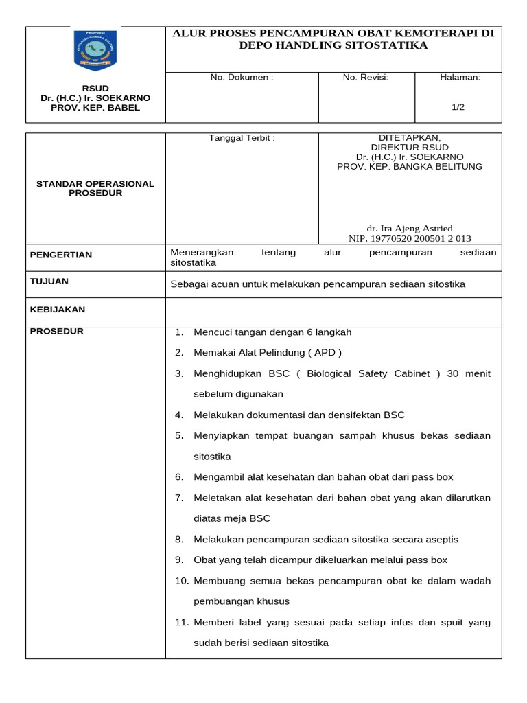 Sop Alur Pencampuran Obat Kemoterapi Di Depo Handling Sitostatika | PDF