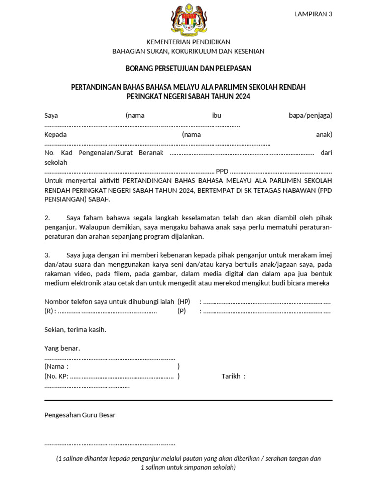 Borang Persetujuan Dan Pelepasan | PDF