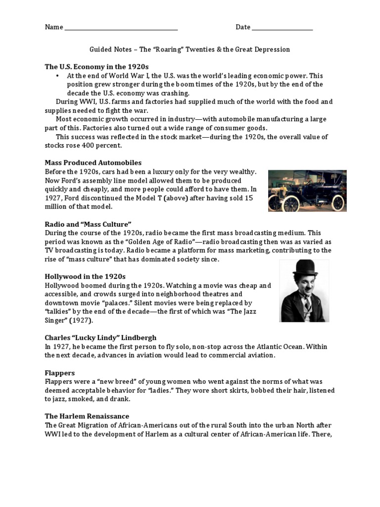 Guided Notes - Roaring 20s and Great Depression | PDF | Great ...