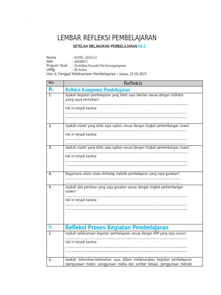 Lembar Refleksi Pembelajaran PKM Edit | PDF