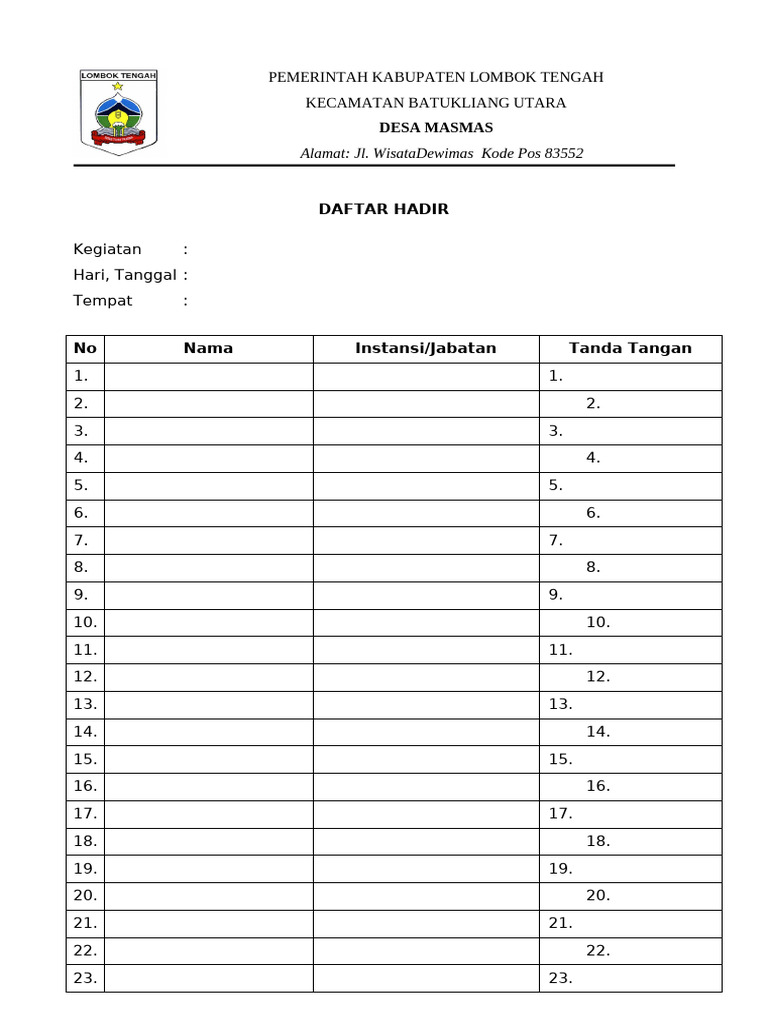 Daftar Hadir Kegiatan Lengkap Dan Tanda Terima | PDF