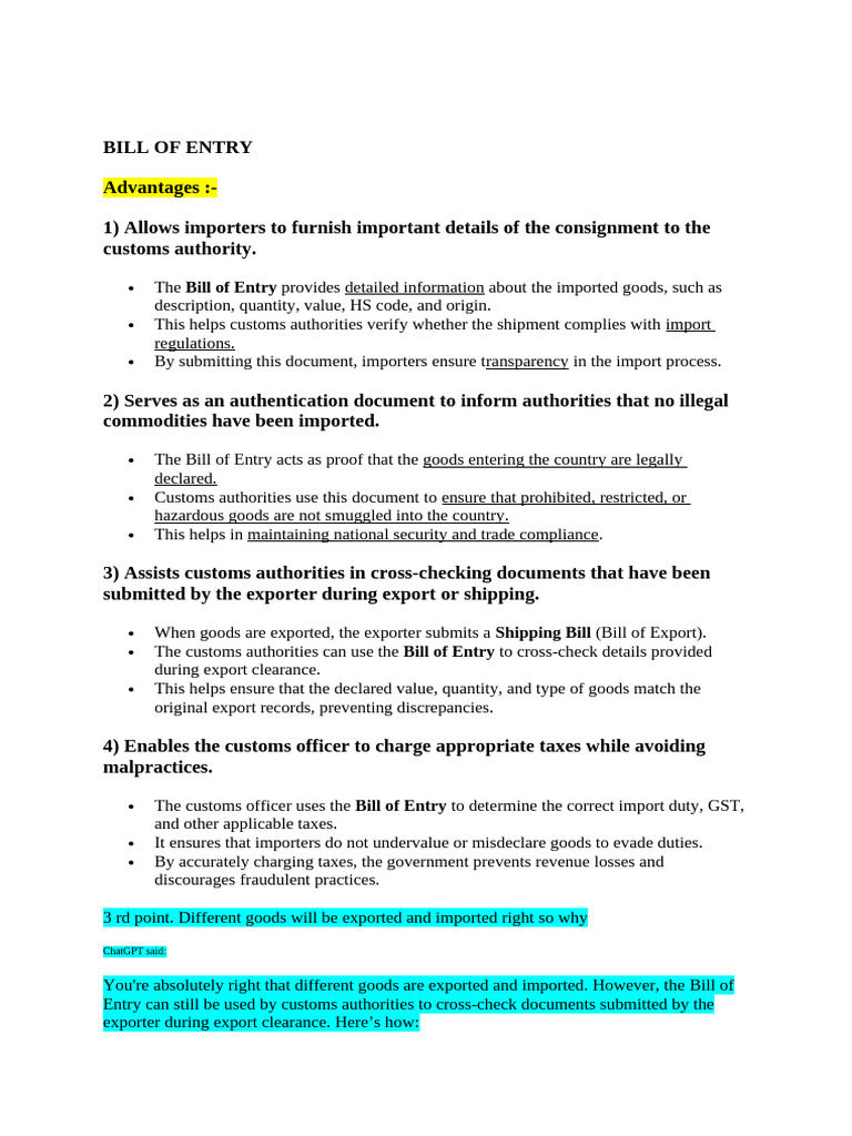 Understanding Bill of Entry and Lading | PDF | Bill Of Lading | Customs