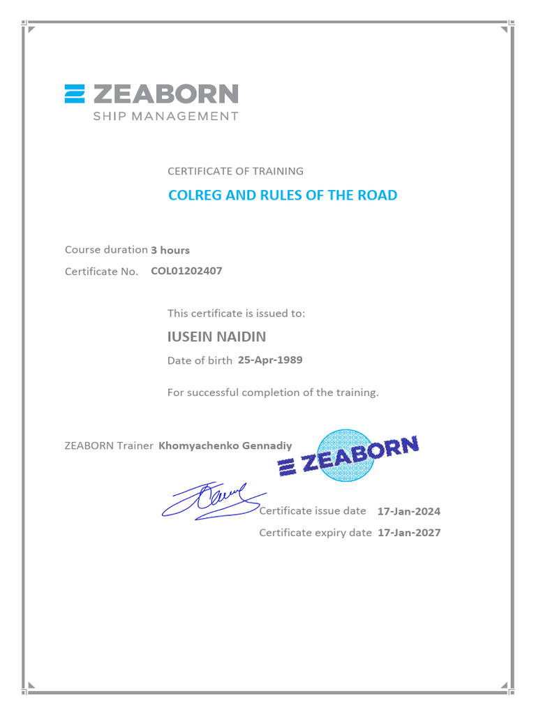 COLREG Training Certificate for Iusein Naidin | PDF
