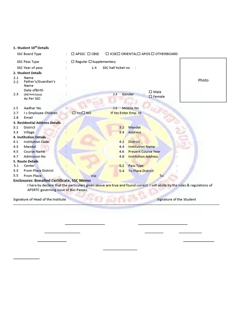 Andhra Pradesh Student Bus Pass Form | PDF