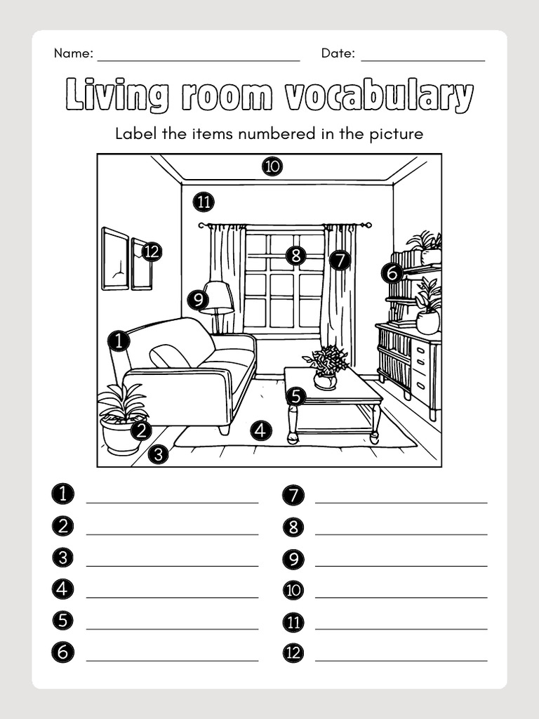 Living Room Vocabulary Worksheet in Black and White Minimalist Style | PDF