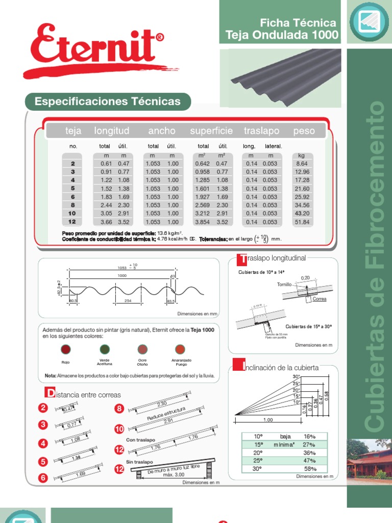 Medidas y Ficha Técnica Teja Eternit | PDF | El hombre hace Materiales ...