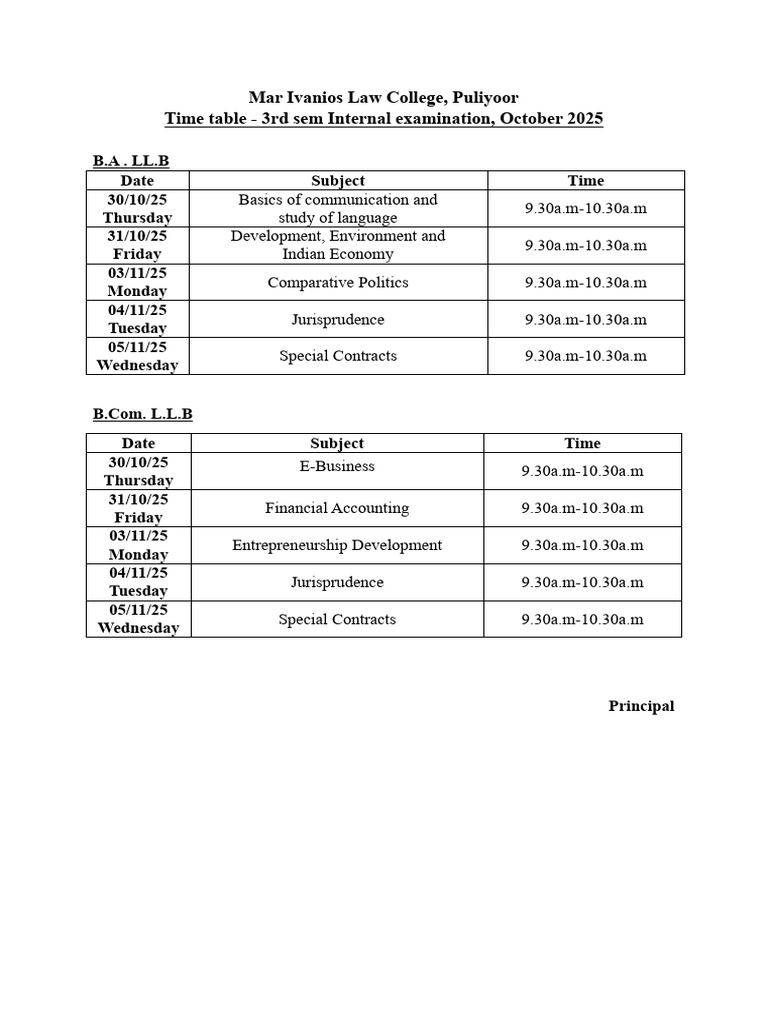 Mar Ivanios Law College 3rd Sem Exam Timetable | PDF