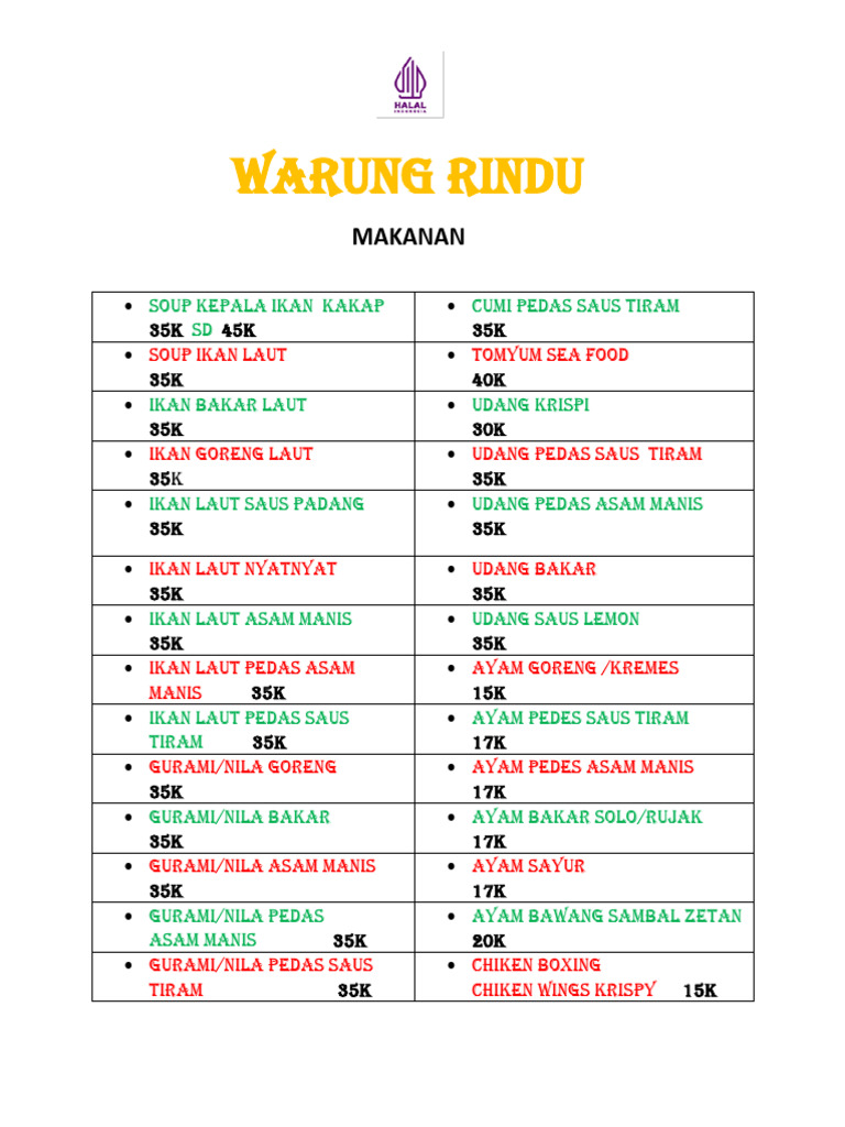 Menu Spesial Warung Rindu | PDF