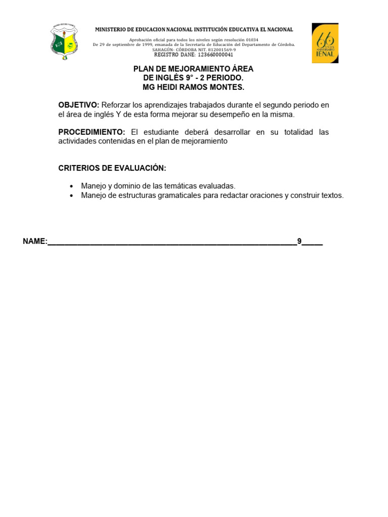 English Reinforcement Plan 9 Grade | PDF