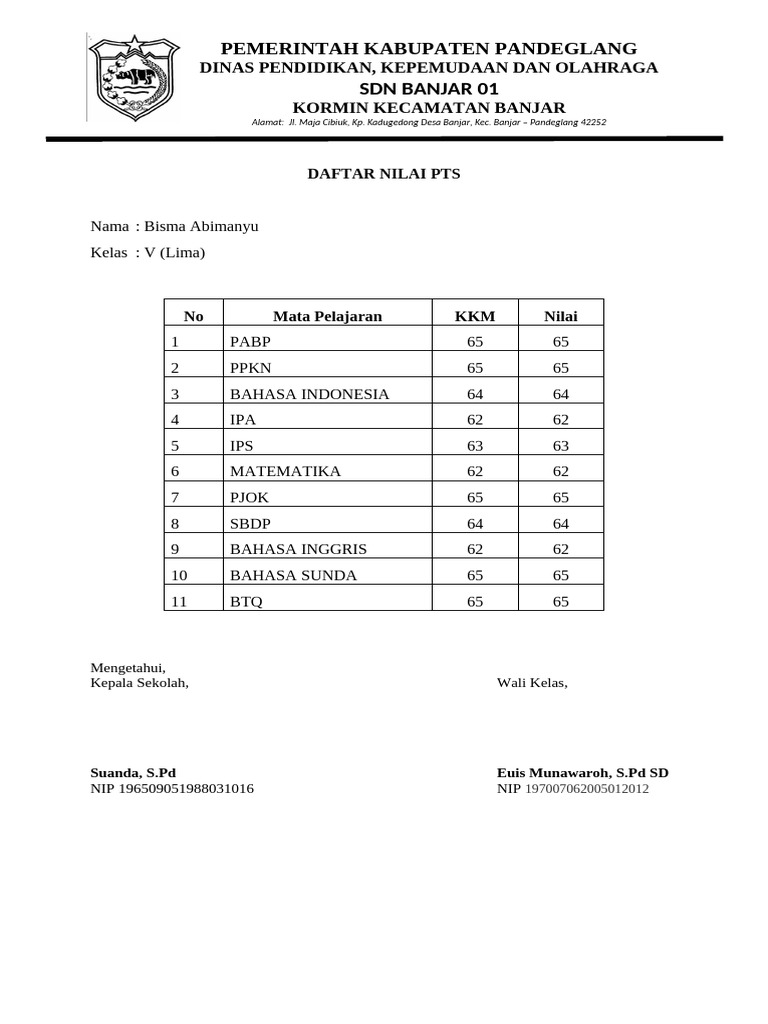 Daftar Nilai Pts Bisma | PDF
