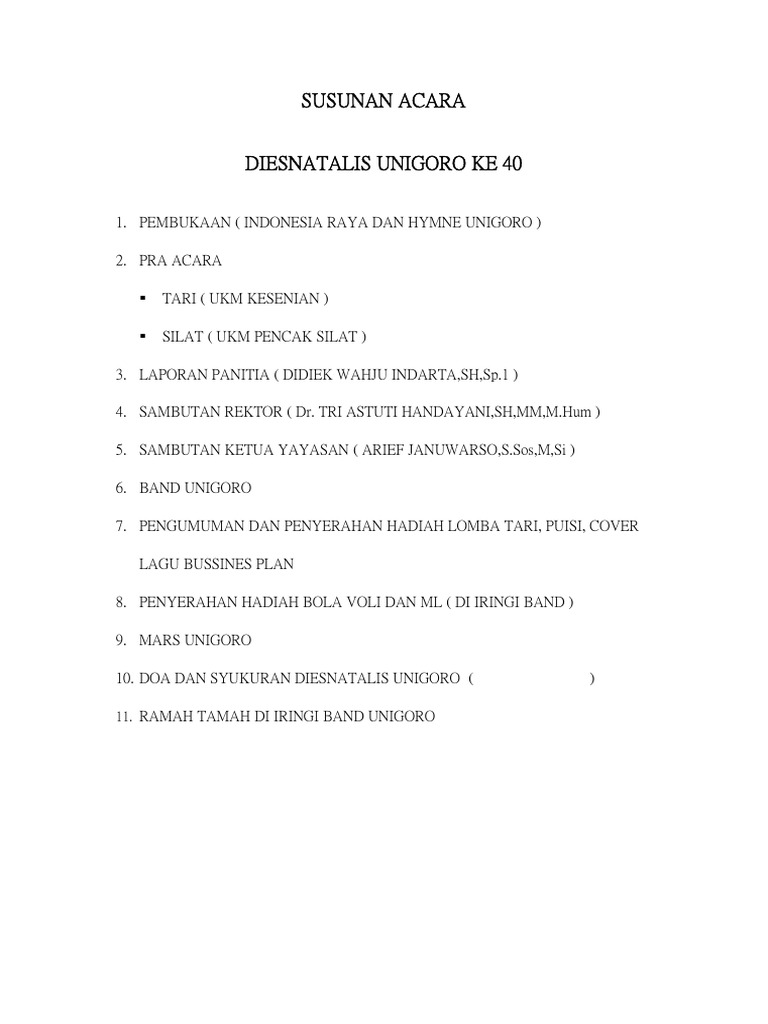 Susunan Acara Diesnatalis Unigoro Ke 40 Fix | PDF