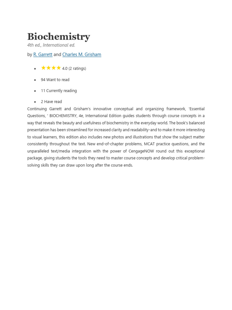 Biochemistry 4th Edition Overview | PDF