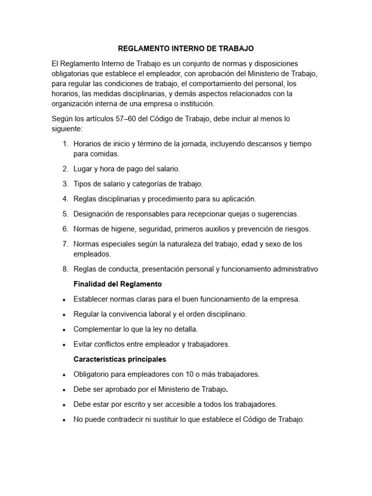 Reglamento Interno de Trabajo Esencial | PDF