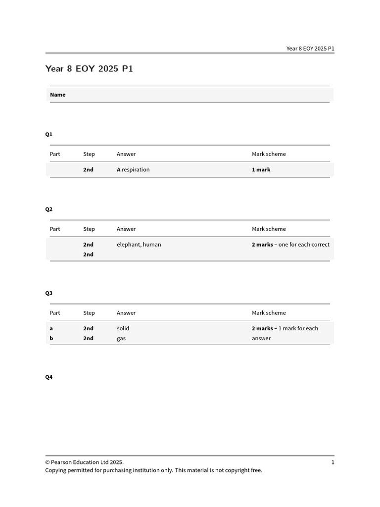 Year 8 Science EOY 2025 Mark Scheme | PDF | Physical Phenomena ...