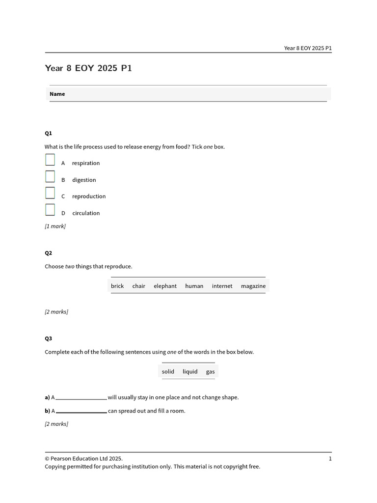 Year 8 Science EOY Exam 2025 | PDF | Light | Electrical Conductor