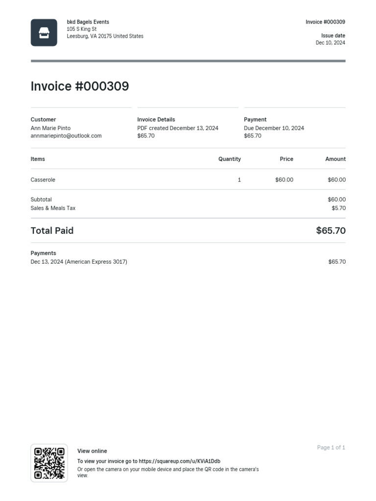 Invoice #000309 for Casserole Order | PDF