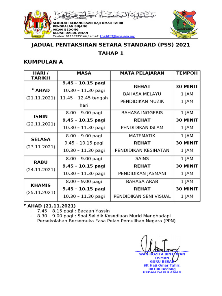 Jadwal PSS 2021 SK Haji Omar Tahir | PDF