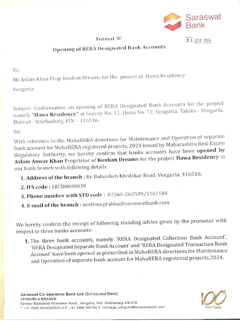 1 Letter From The Bank Regarding The Opening of RERA Designated Bank ...