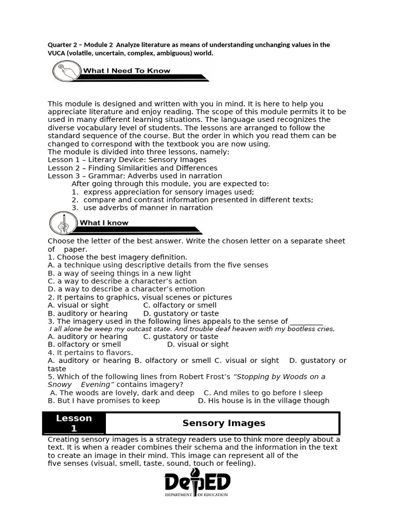 Eng9 Q2 Mod2 v2 Edited With Links | PDF | Senses | Taste