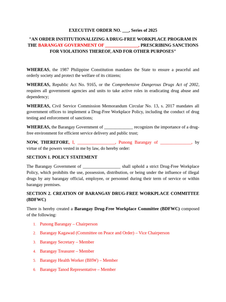 Barangay Drug-Free Workplace Order | PDF | Drug Test | Justice