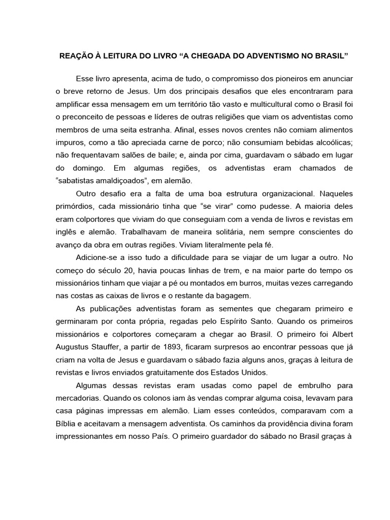 Pioneirismo do Adventismo no Brasil | PDF | Igreja Adventista do Sétimo ...