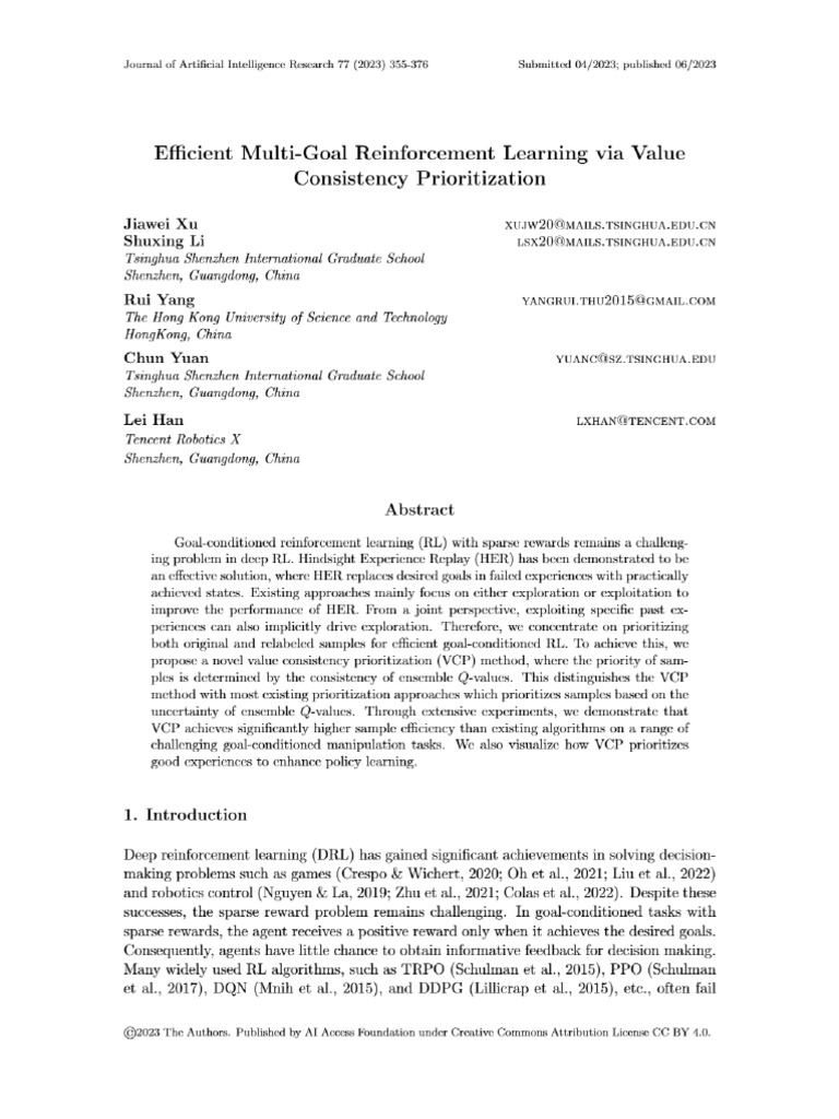 Efficient Multi-Goal Reinforcement Learning Via Value Consistency Prioritization | PDF