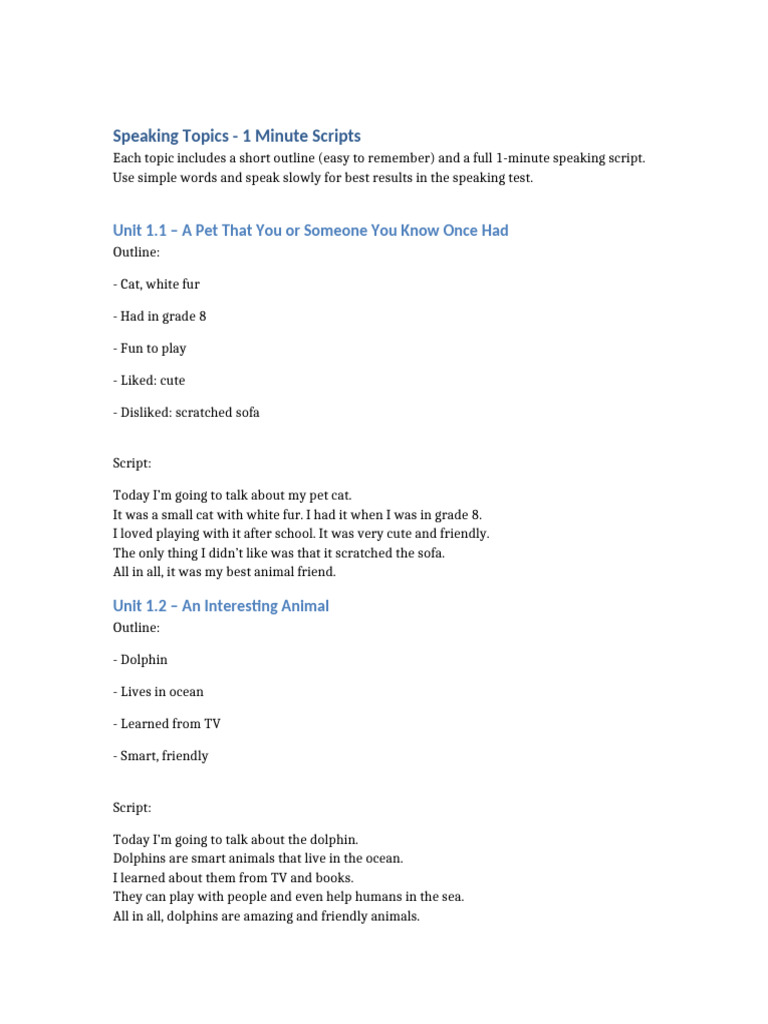 1-Minute Speaking Topics and Scripts | PDF