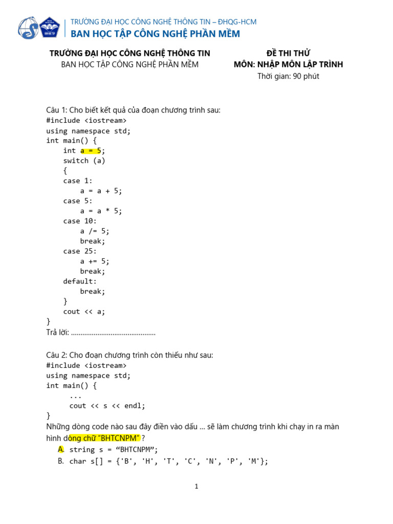 BHTCNPM Dethithu NMLT CK1 2023 2024 | PDF