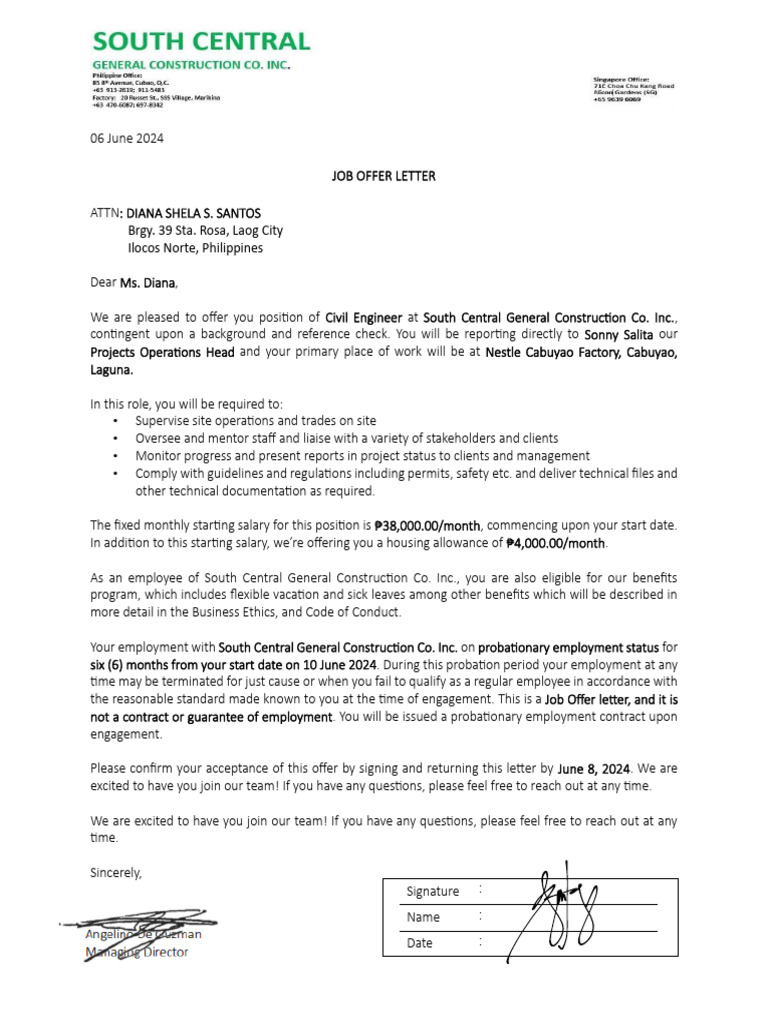 Job Offer Letter, Diana Shela S - Santos | PDF | Employment | Human ...