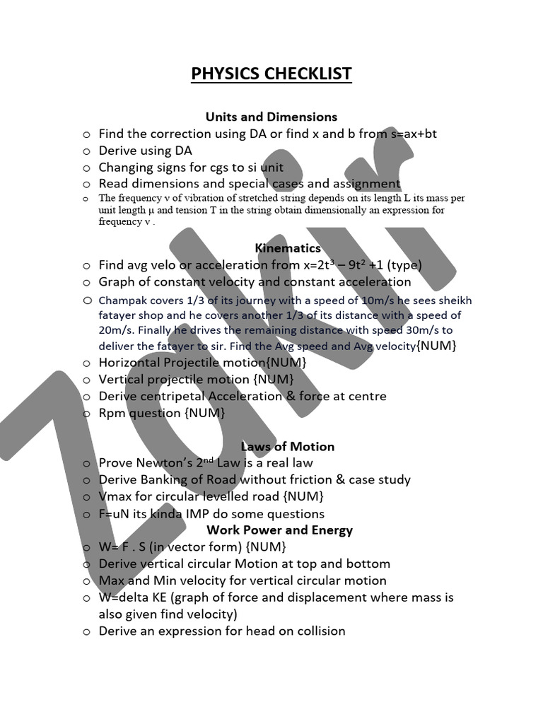 Comprehensive Physics Study Checklist | PDF | Acceleration | Force