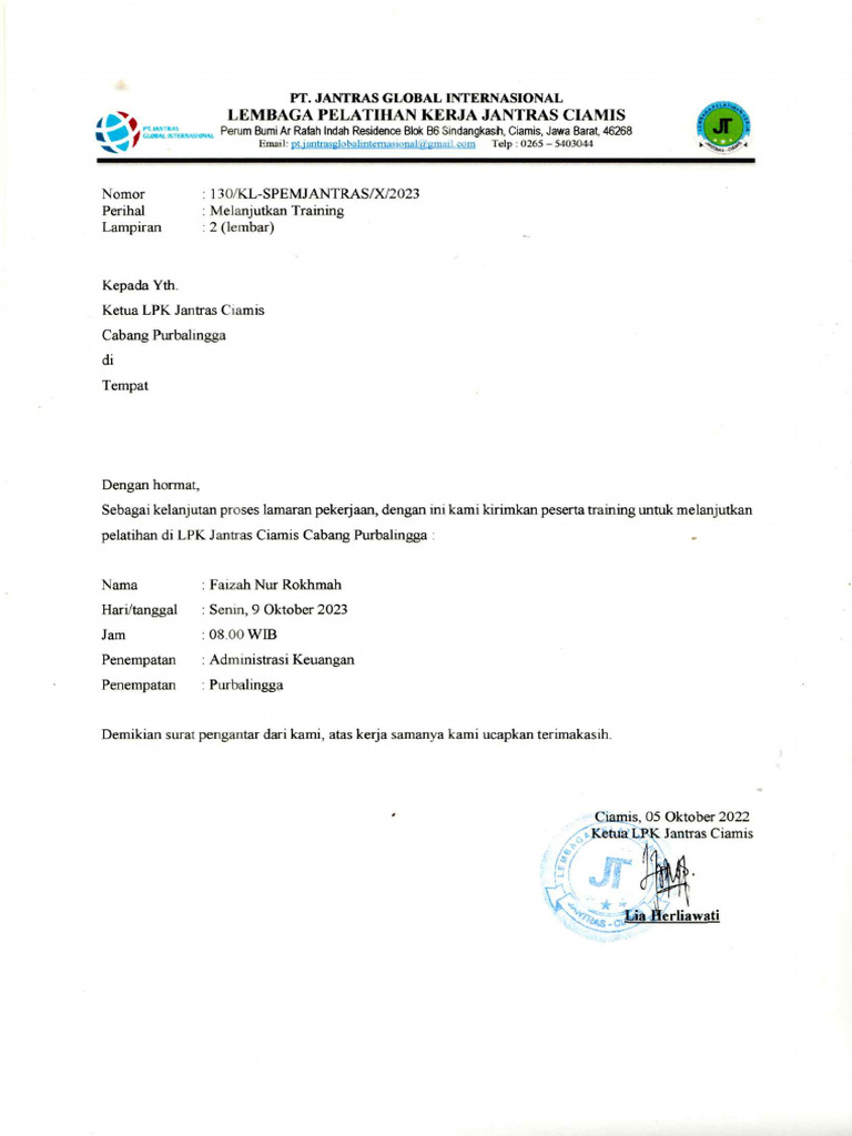 Surat Melanjutkan Training | PDF