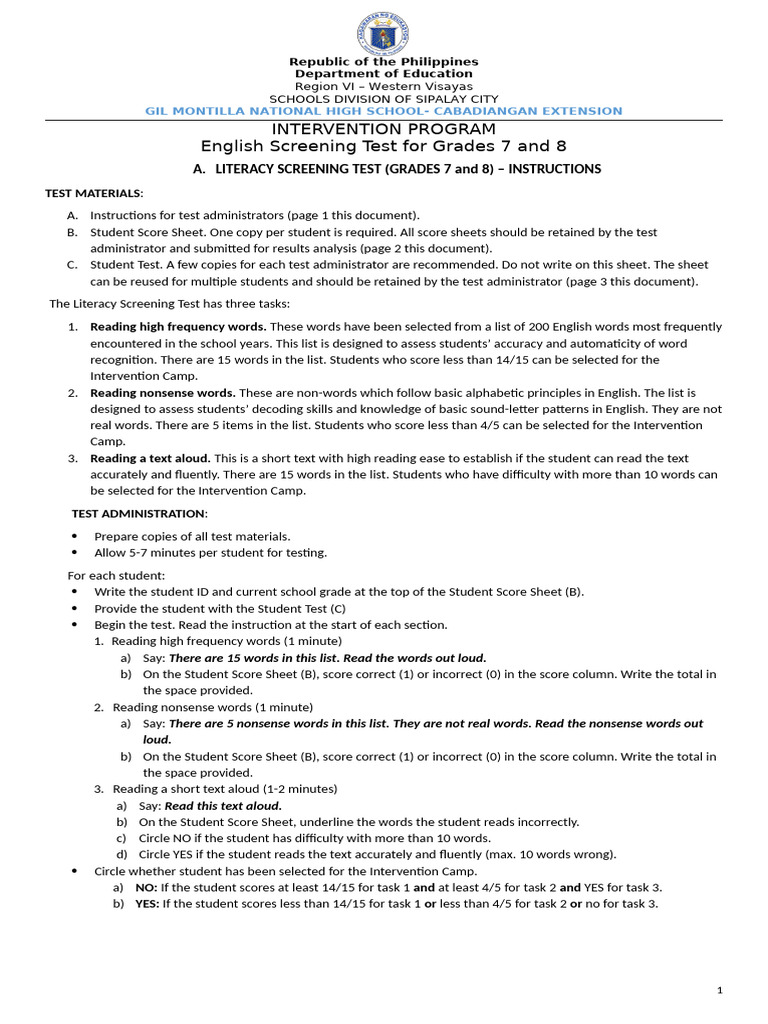 Literacy Screening Test for Grades 7-8 | PDF | Writing | Cognition