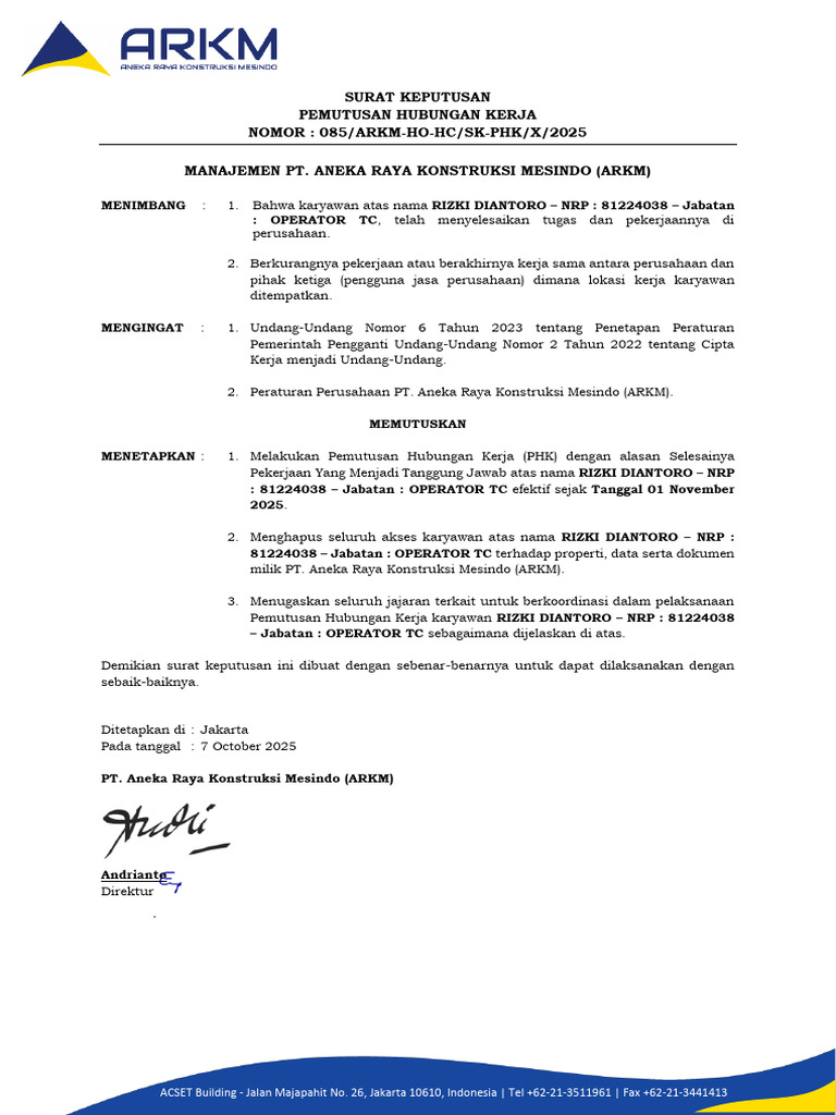 SK, PB, Ba PHK Rizki Diantoro (TTD Direksi) | PDF