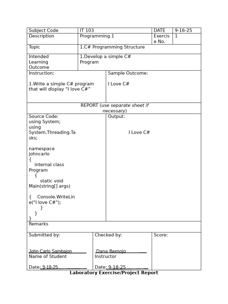C# Programming Structure Exercise 1 | PDF