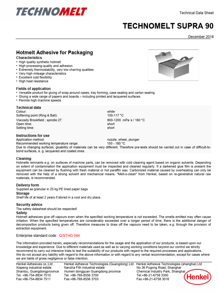 Technomelt Supra 90 Technical Data Sheet | PDF | Adhesive | Materials