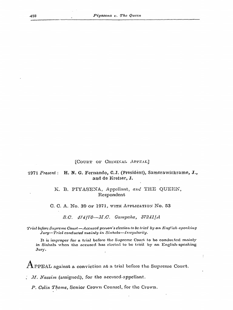 117 NLR NLR V 74 K. B. Piyasena Appellant and The Queen Respondent | PDF